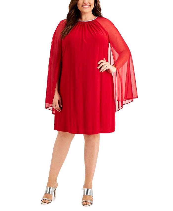 R & M Richards Plus Size Chiffon-Sleeve Rhinestone-Neck Dress - Macy's