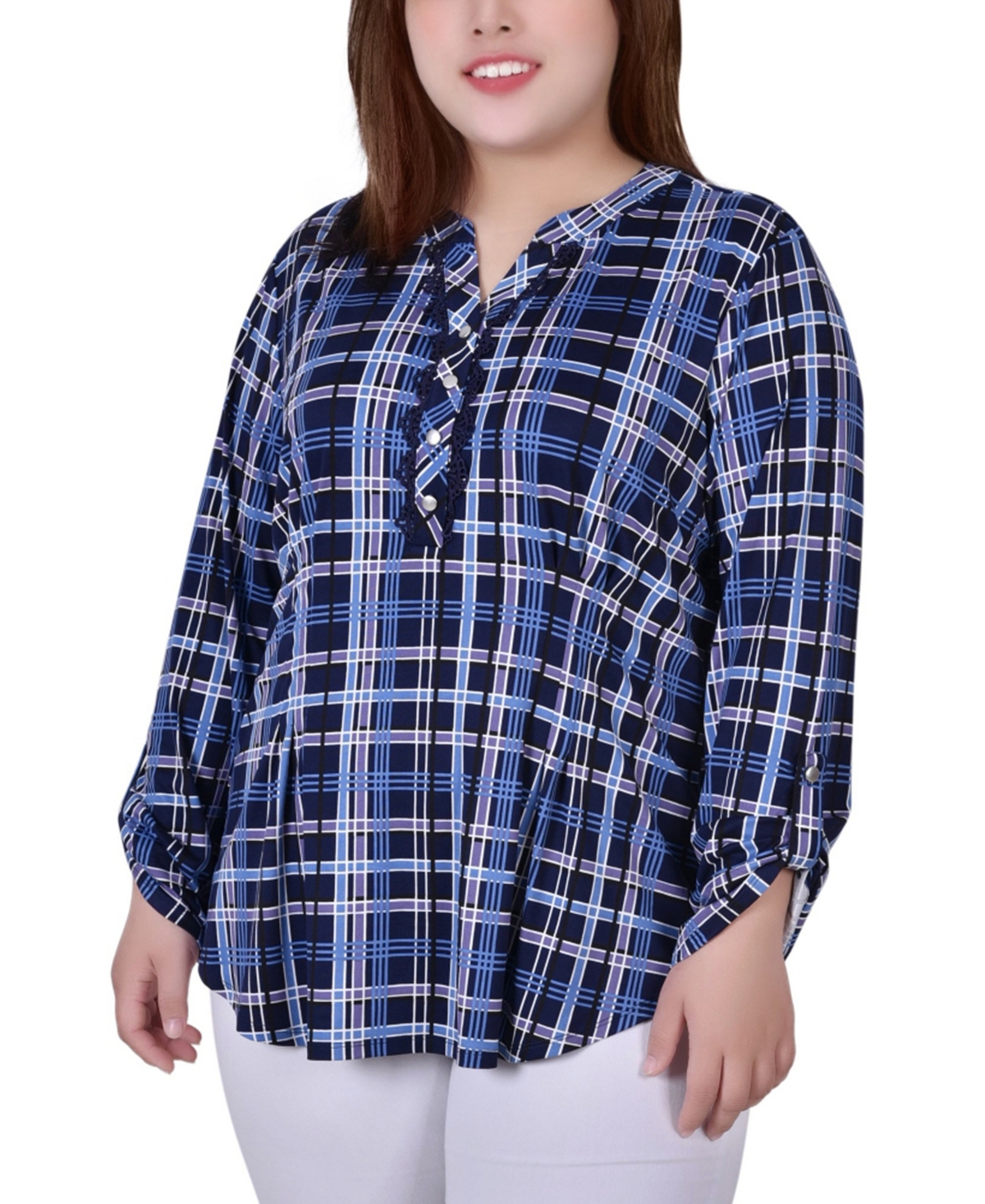 Click here for Plus Size Long Sleeve Roll Tab Sleeve Plaid Y-Neck... prices