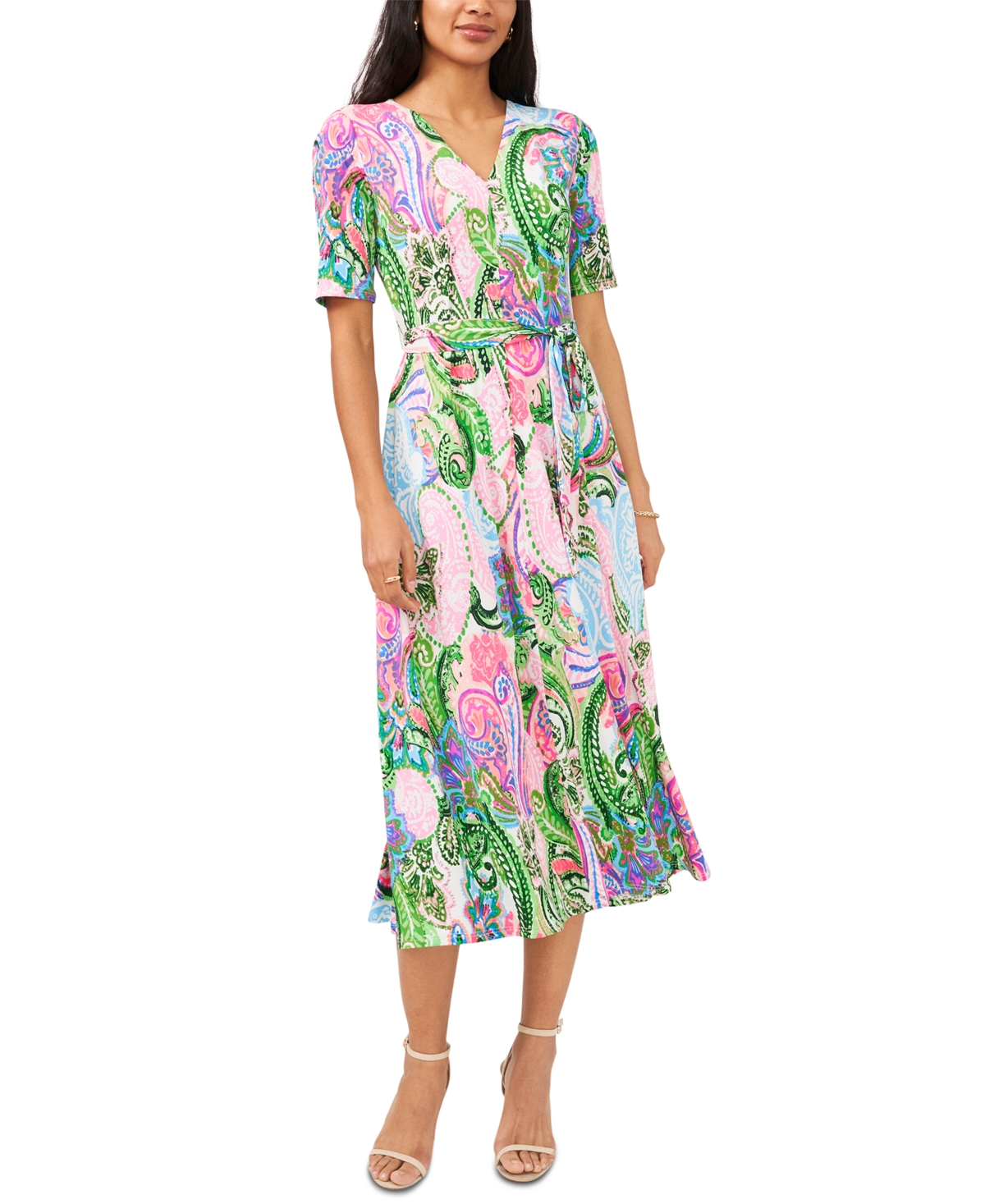 Msk Paisley-print Fit & Flare Dress In White/pink | ModeSens