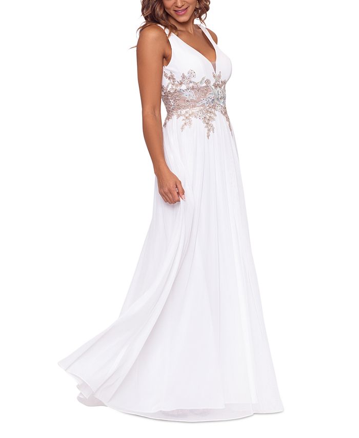 Betsy And Adam V Neck Mesh Waist Embroidered Chiffon Gown Macys