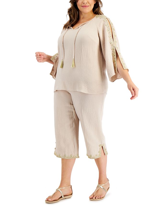 JM Collection Plus Size Solid Gauze Embroidered-Cuff Capri Pants ...