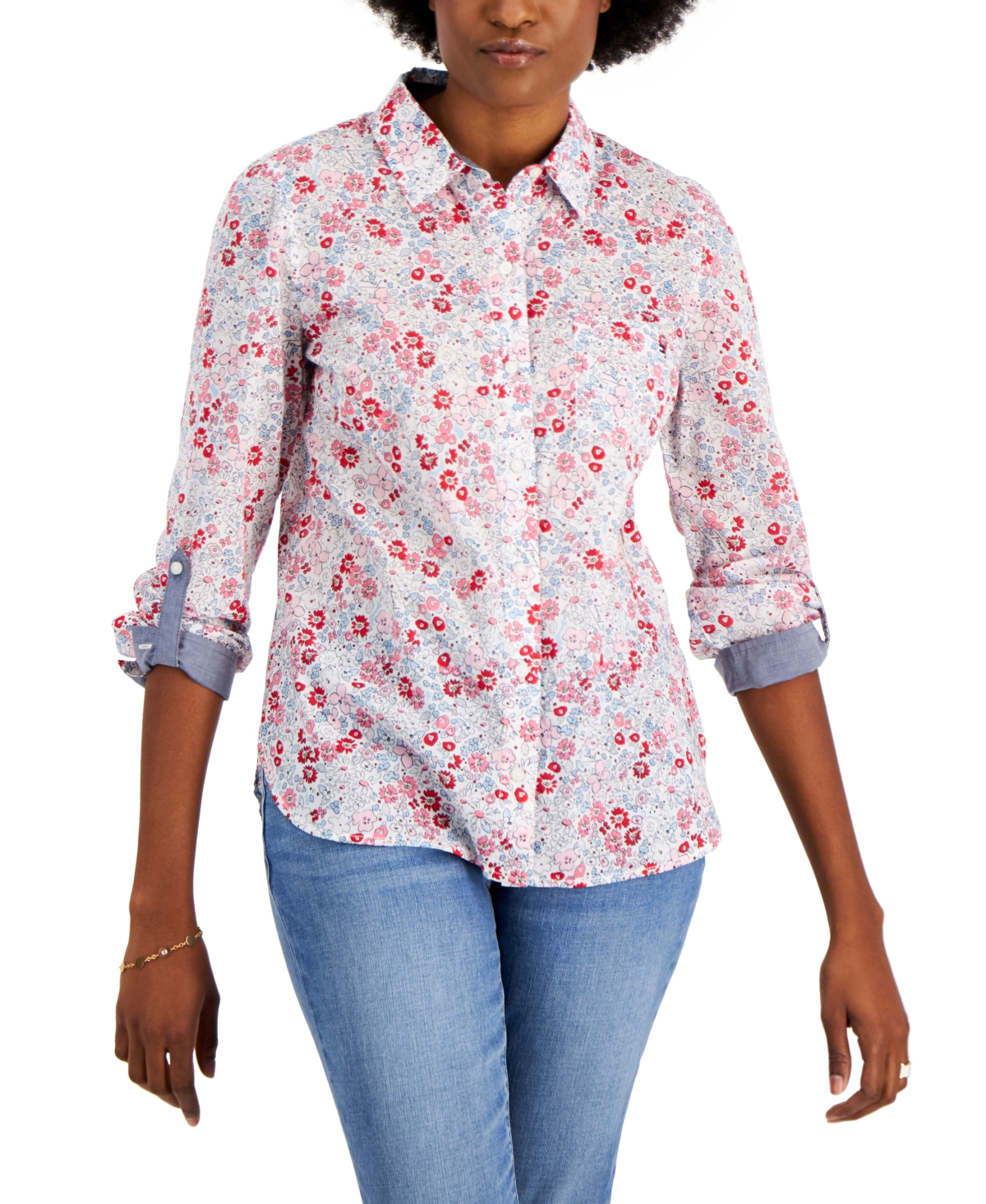 Tommy Hilfiger Roll Tab Floral Top In Brght Wht Mlti | ModeSens