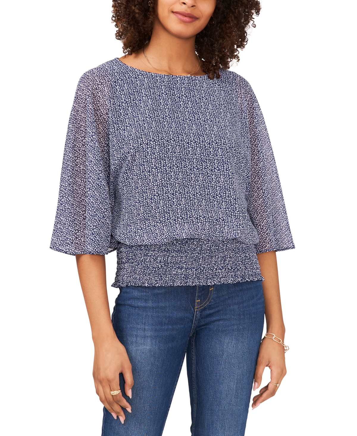 Sam & Jess Women's Printed Smocked-waist Top In Navy White Floral ...