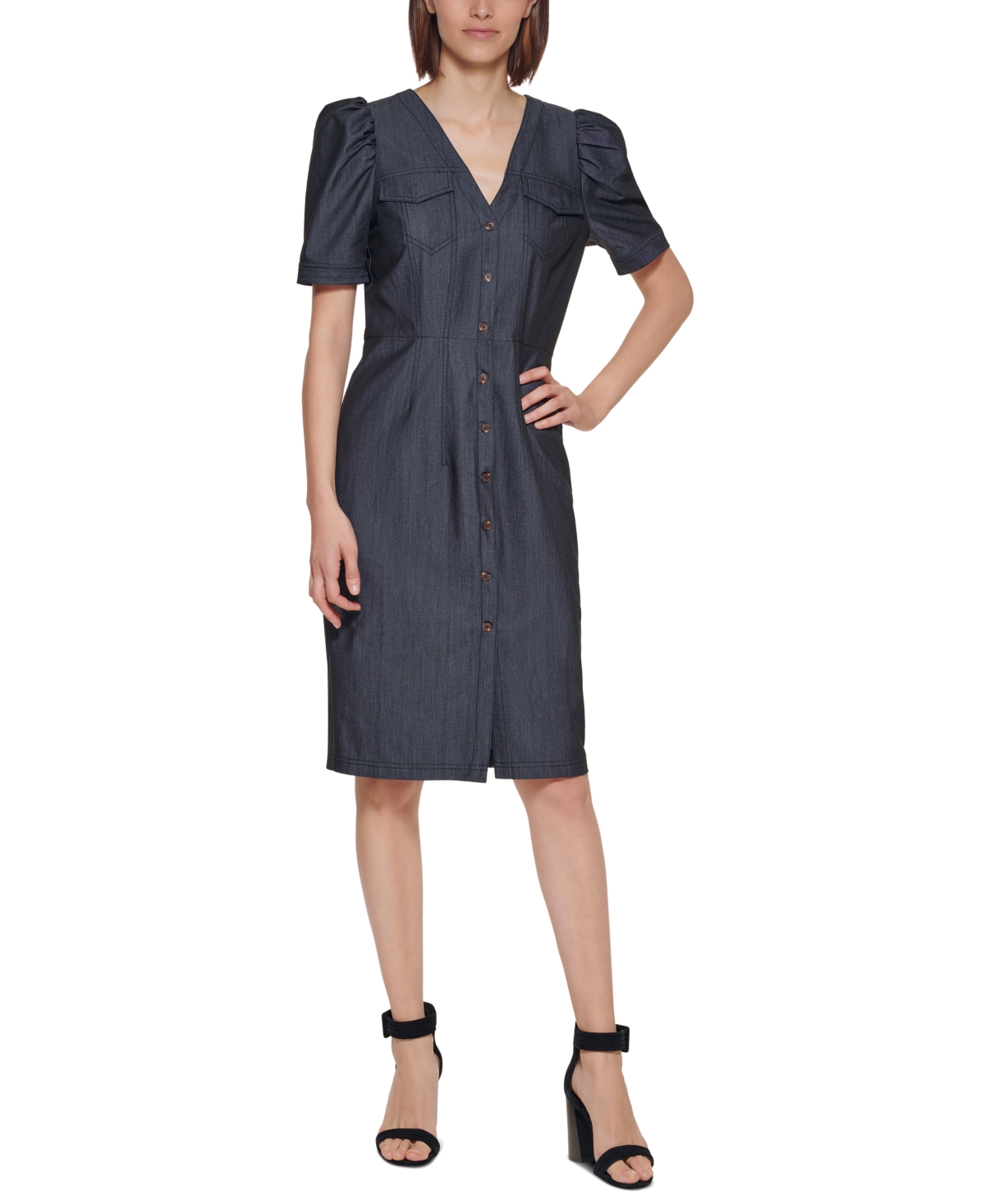 Calvin Klein Denim Puff-sleeve Sheath Dress In Blue | ModeSens