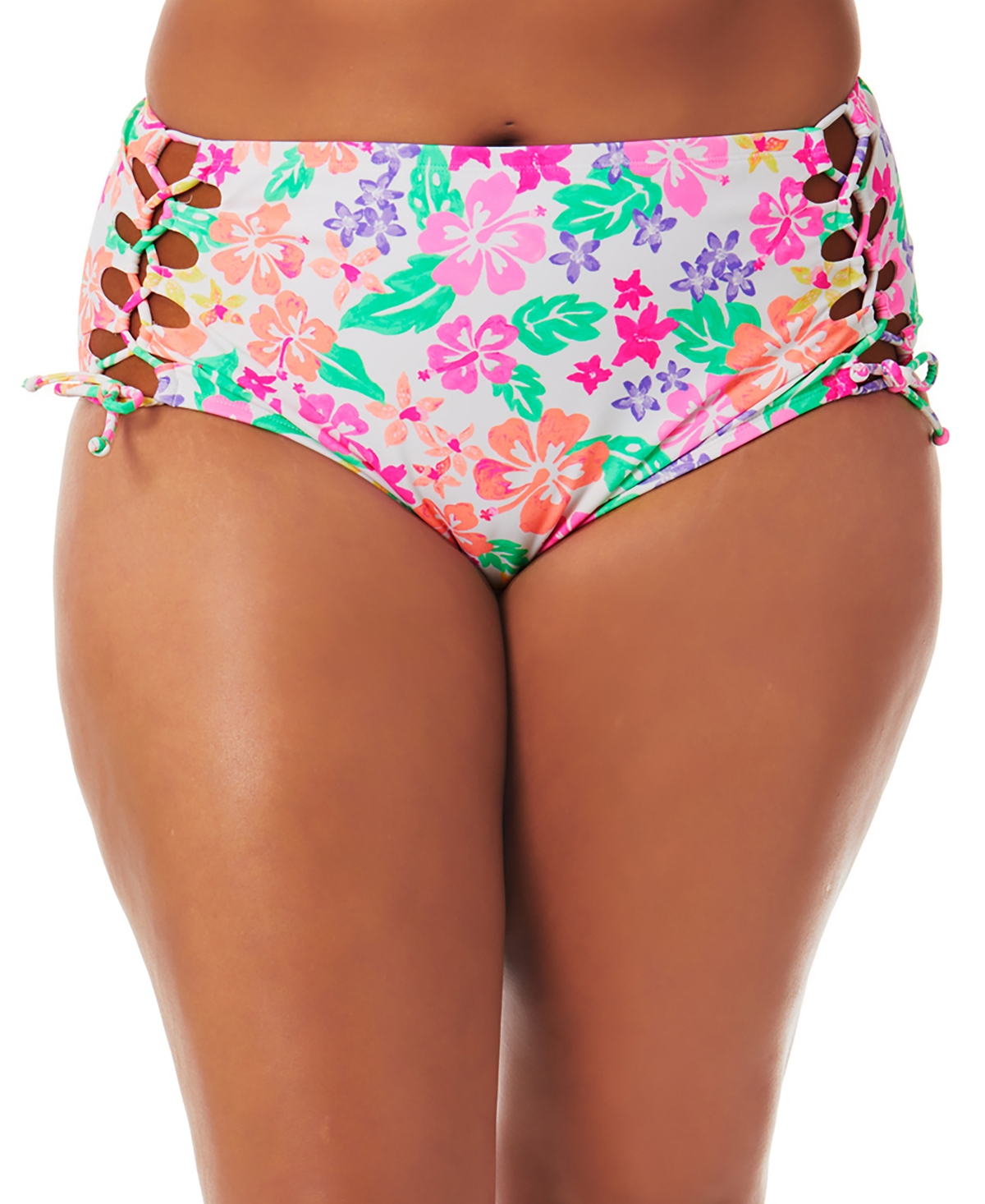 California Waves Trendy Plus Size Hawaii Sunsets Lace Up Bikini Bottoms