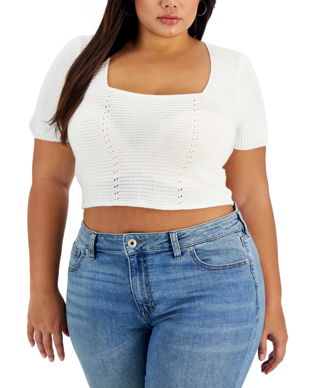 Full Circle Trends Trendy Plus Size Lace-up Crop Top In Bright White ...