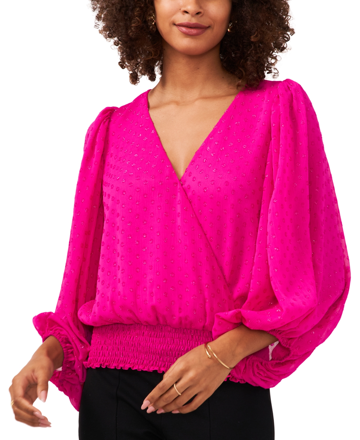 Msk Women's Metallic Swiss Dot Faux-wrap Top In Wildfire Pink | ModeSens