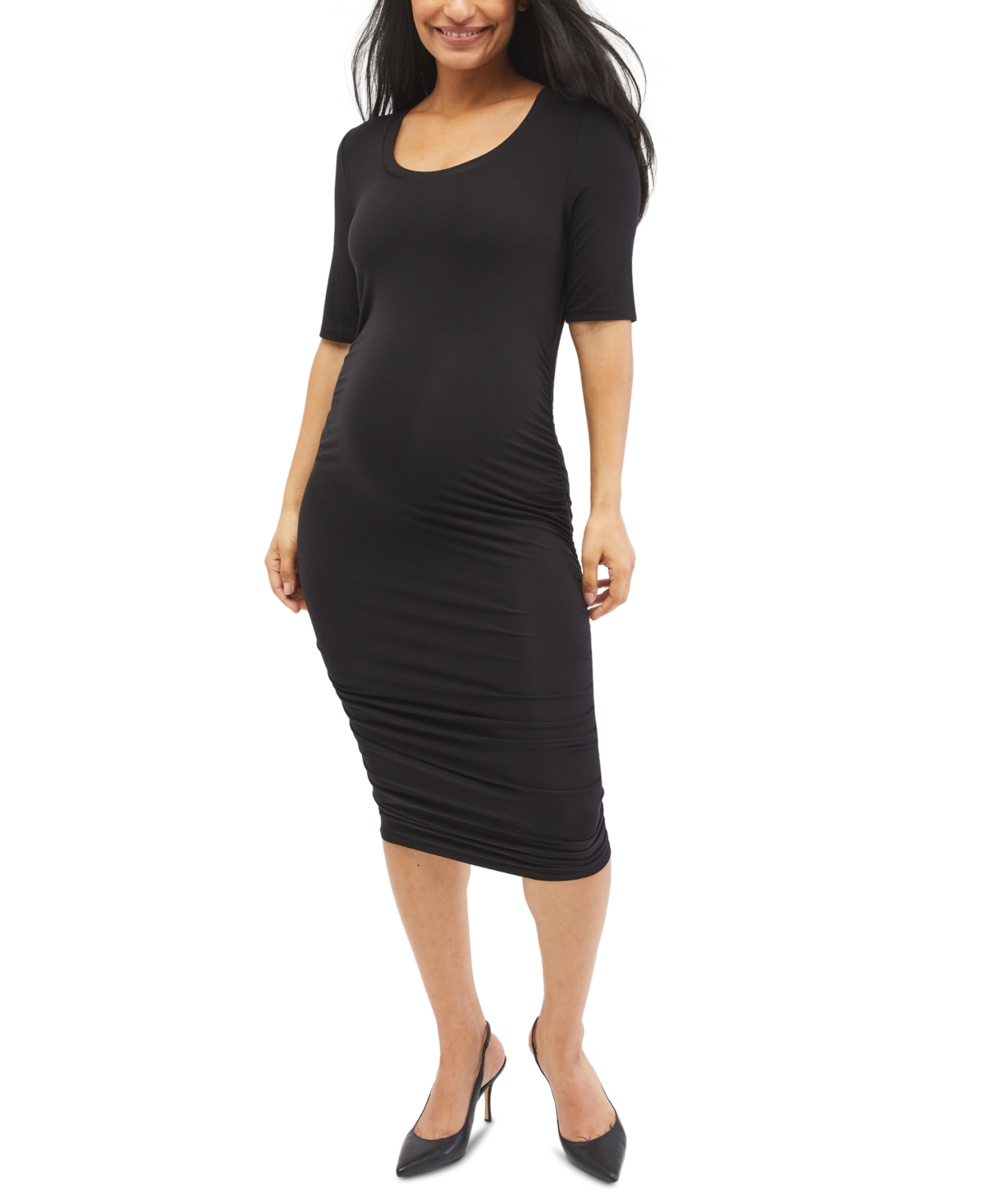 Click here for Motherhood Maternity Side-Ruched Maternity Dress -... prices