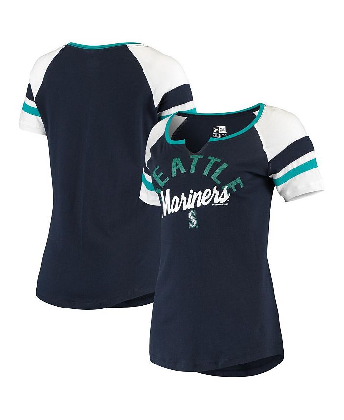 New Era Women's Navy Seattle Mariners Striped Sleeve V-Notch T-shirt ...