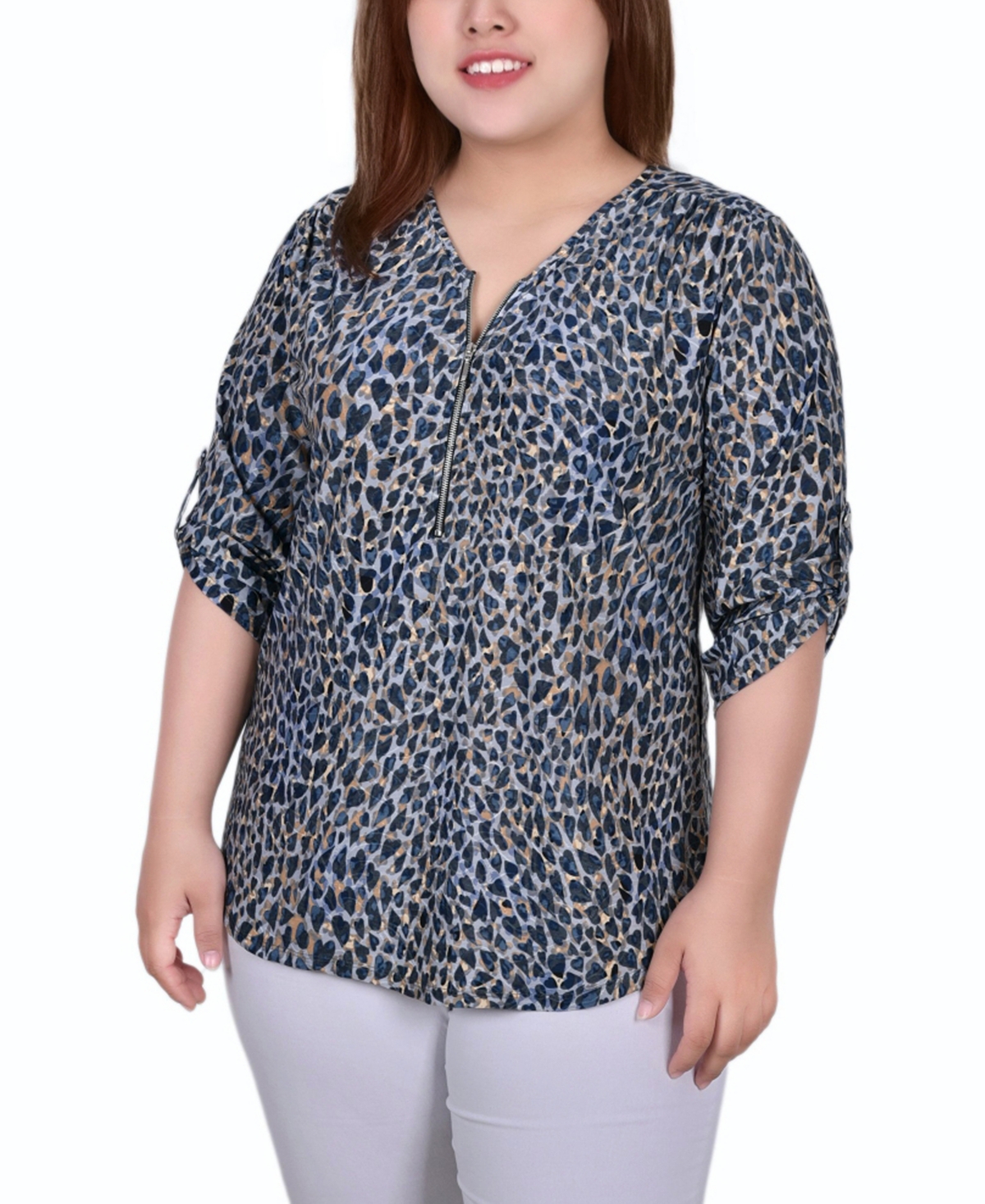 Click here for Plus Size 3/4 Roll Tab Zip Front Jacquard Knit Top... prices