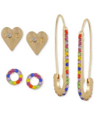 Guess Gold-Tone 3-Pc. Set Pavé Crystal & Crystal Heart Earrings - Macy's