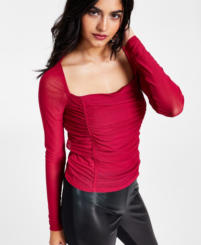 Bar III Women's Square-Neck Ruched Mesh Top, Created for Macy's - Macy's