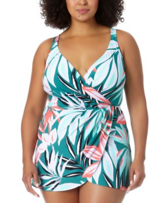 Anne Cole Plus Size Zesty Tropical Floral-Print Surplice-Neck Swimdress ...