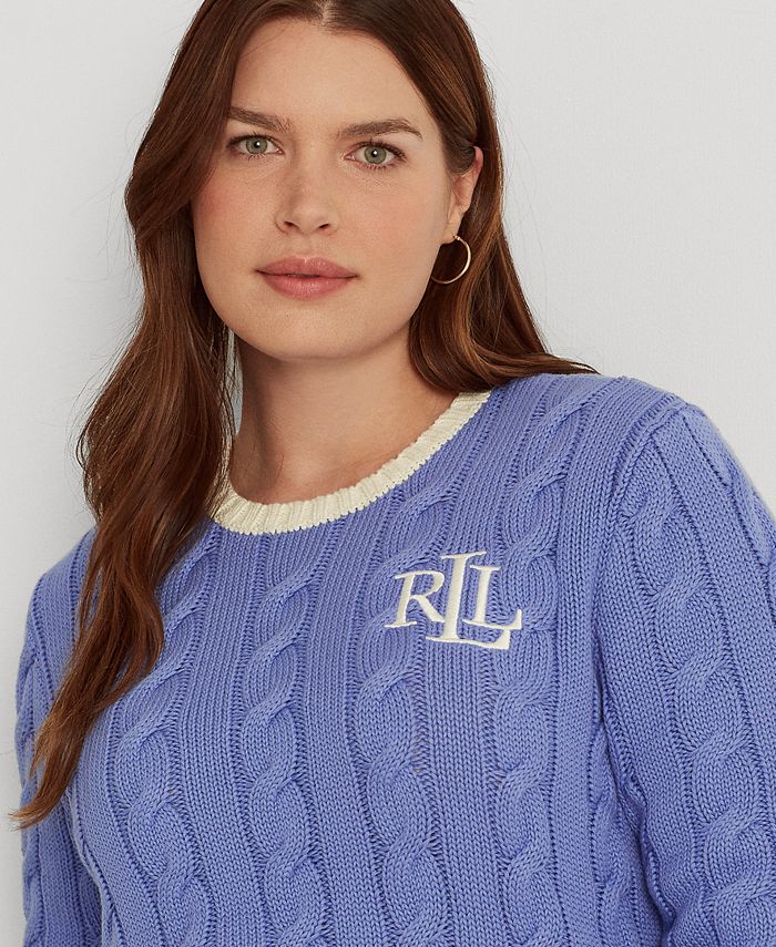 Lauren Ralph Lauren Plus-Size Monogram Cable-Knit Cotton Sweater ...