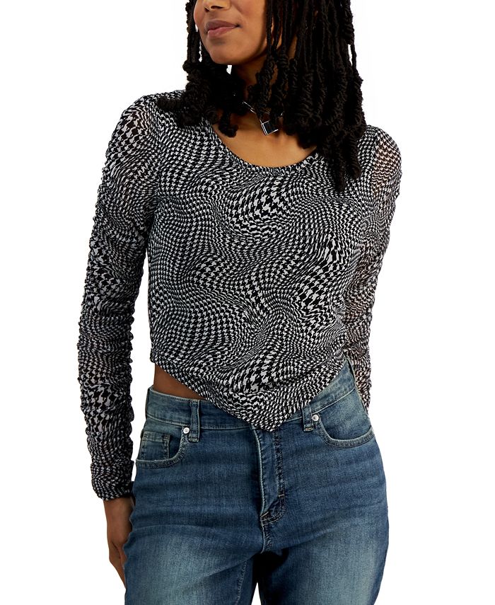 Crave Fame Juniors' Printed V-Hem Mesh Top - Macy's