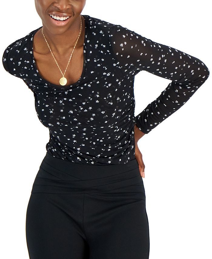 INC International Concepts Petite Printed Side-Ruched Mesh Top, Created ...