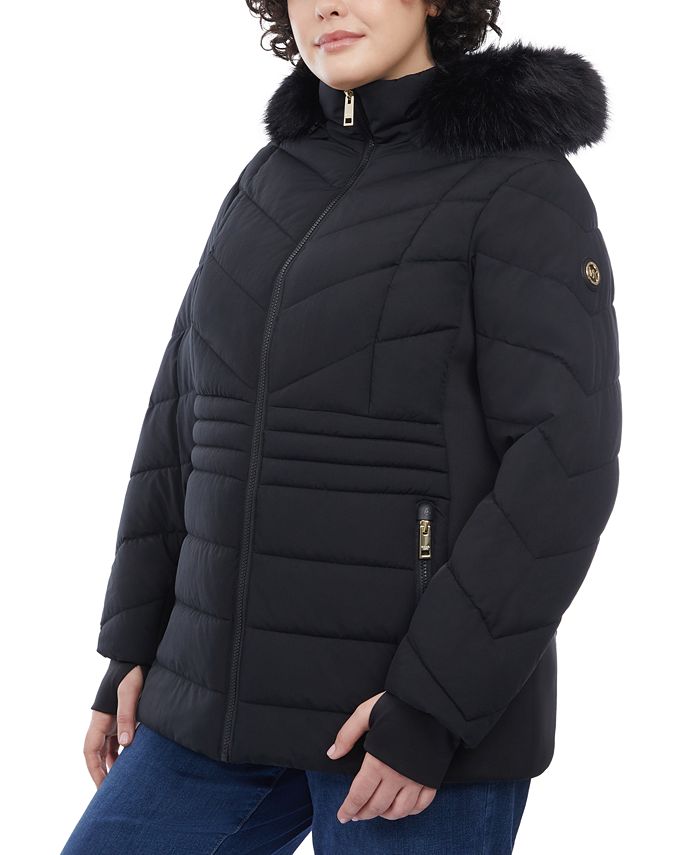 Michael Kors Womens Plus Size Faux Fur Trim Hooded Puffer Coat Created For Macys And Reviews
