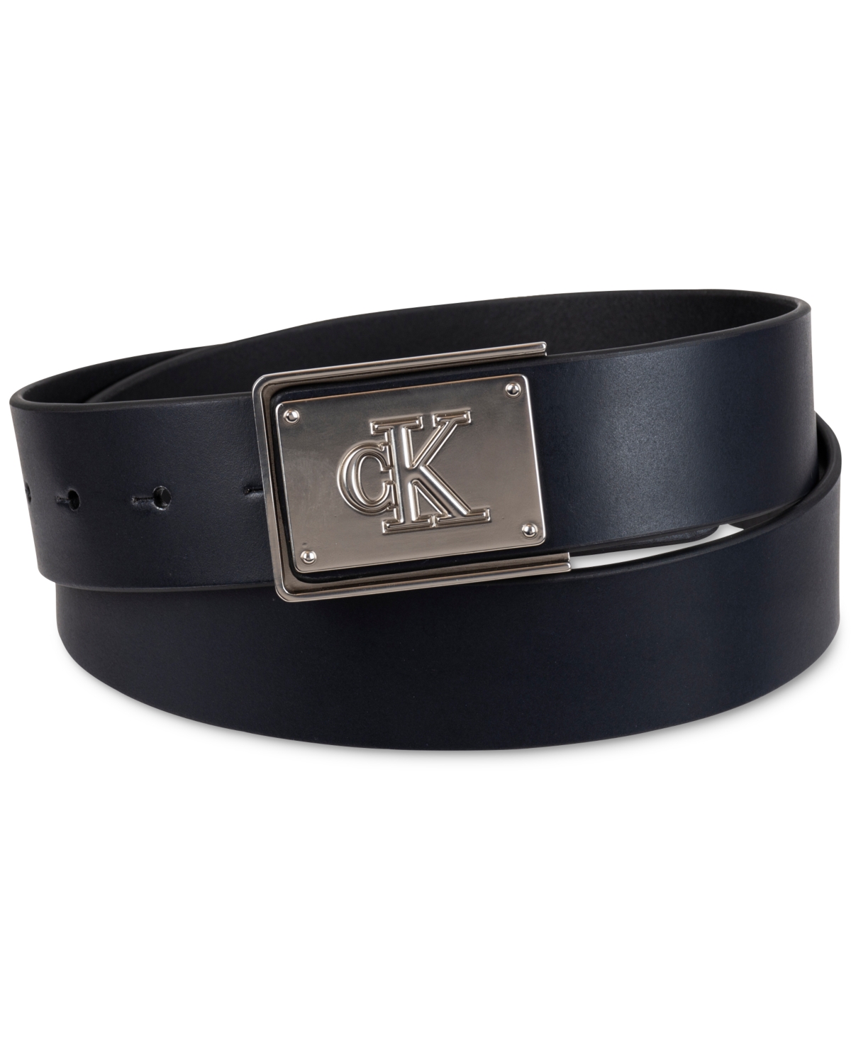 Click here for Calvin Klein Mens Ck Plate Plaque Belt - Black prices