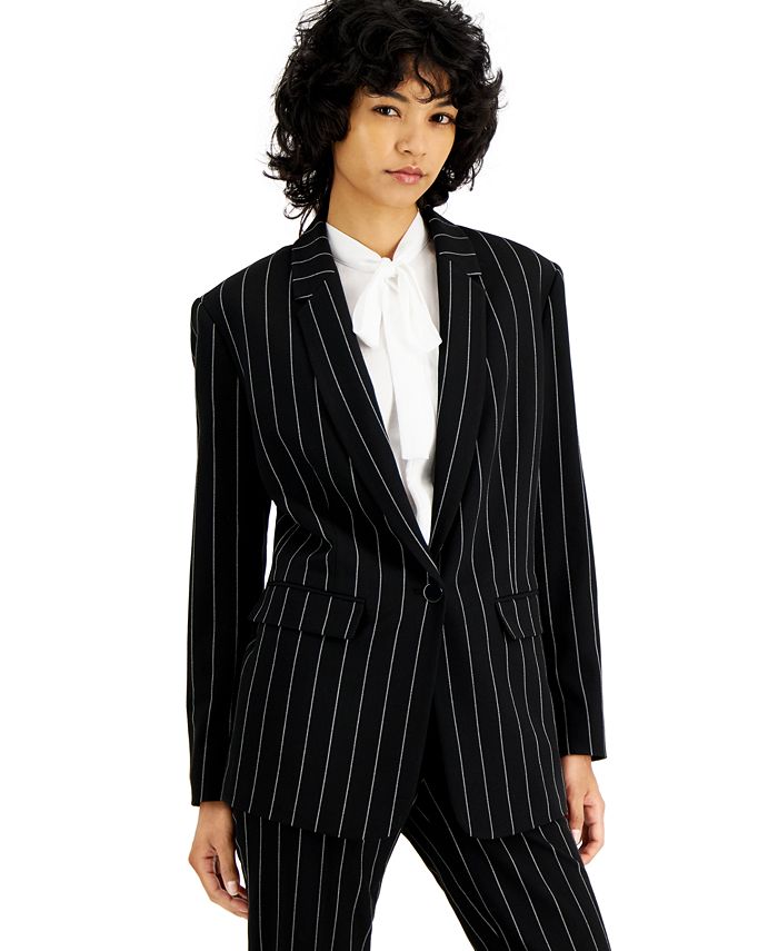 Bar III Women's Pinstripe One-Button Boyfriend Jacket, Created for Macy ...