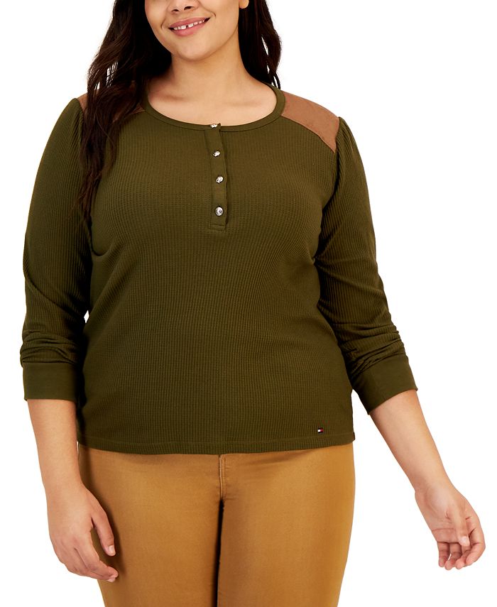 Tommy Hilfiger Plus Size Faux-Suede-Yoke Henley Top - Macy's
