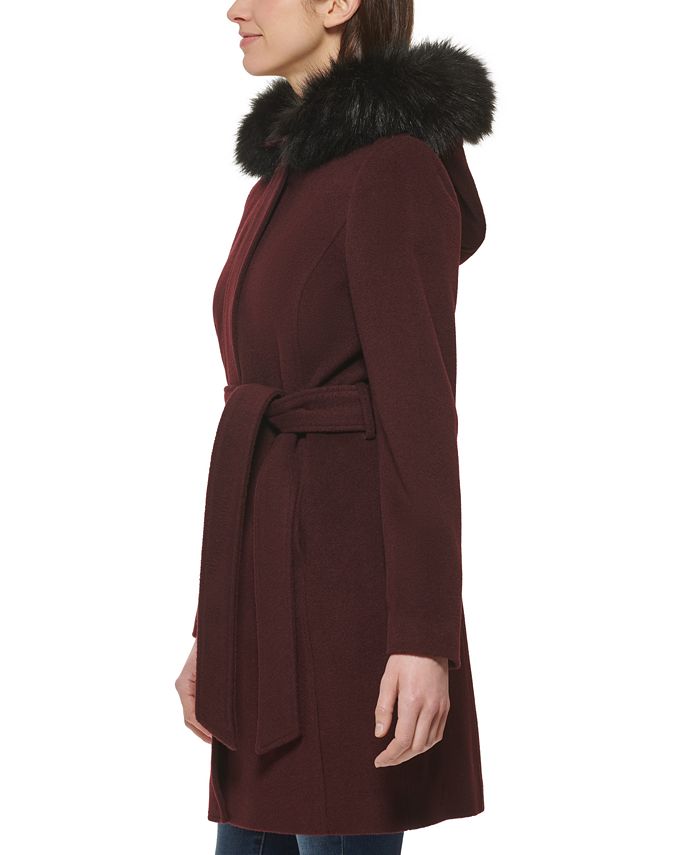 Cole Haan Women's Belted Faux-Fur-Trim Hooded Coat - Macy's