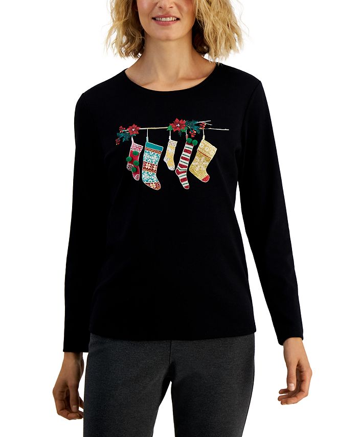 Karen Scott Petite Embellished Stocking-Graphic T-Shirt, Created for ...