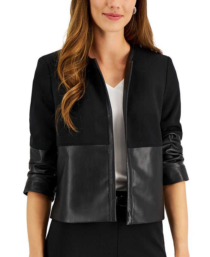 Kasper Petite Faux-Leather Mixed-Media Jacket, Created for Macy's - Macy's