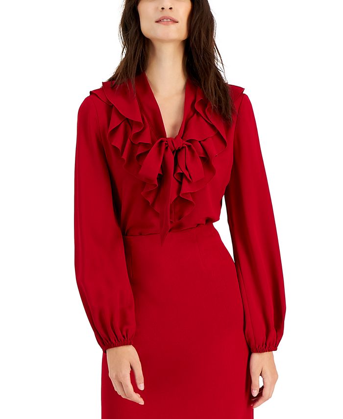 Kasper Petite Crepe Ruffled Long-Sleeve Blouse - Macy's