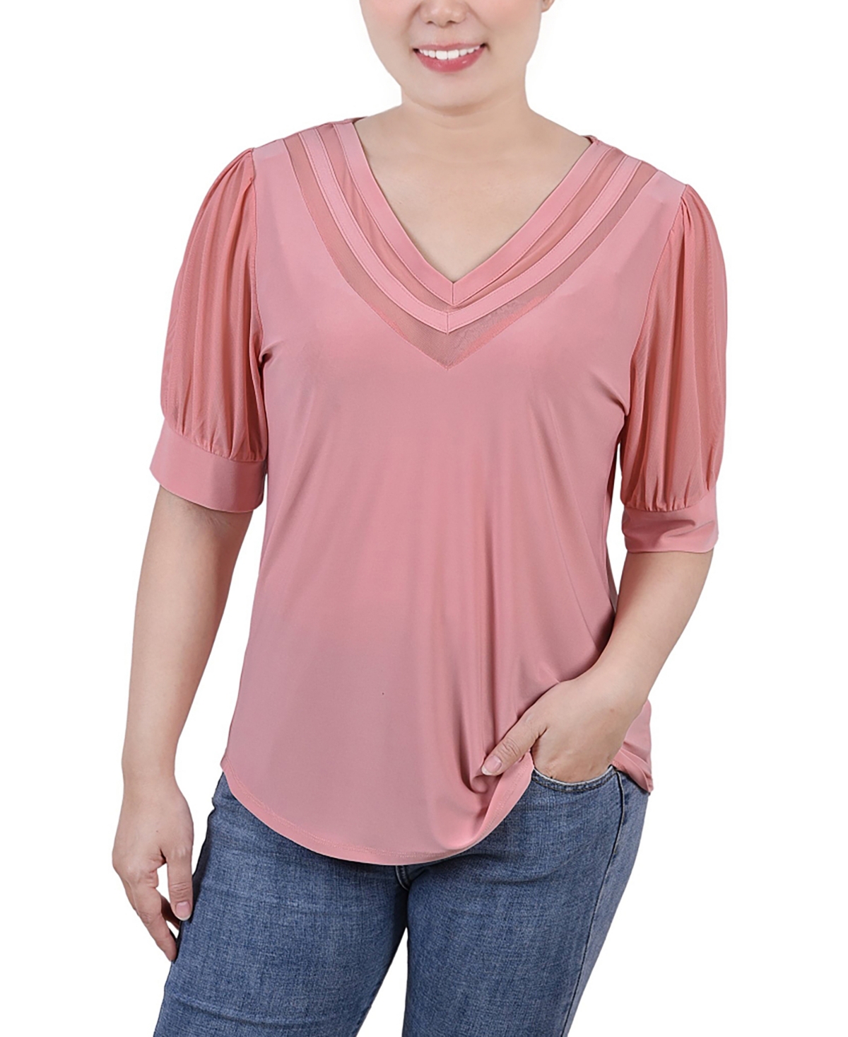 Petite Size Short Puff Sleeve V-neck Top - Mellow Rose