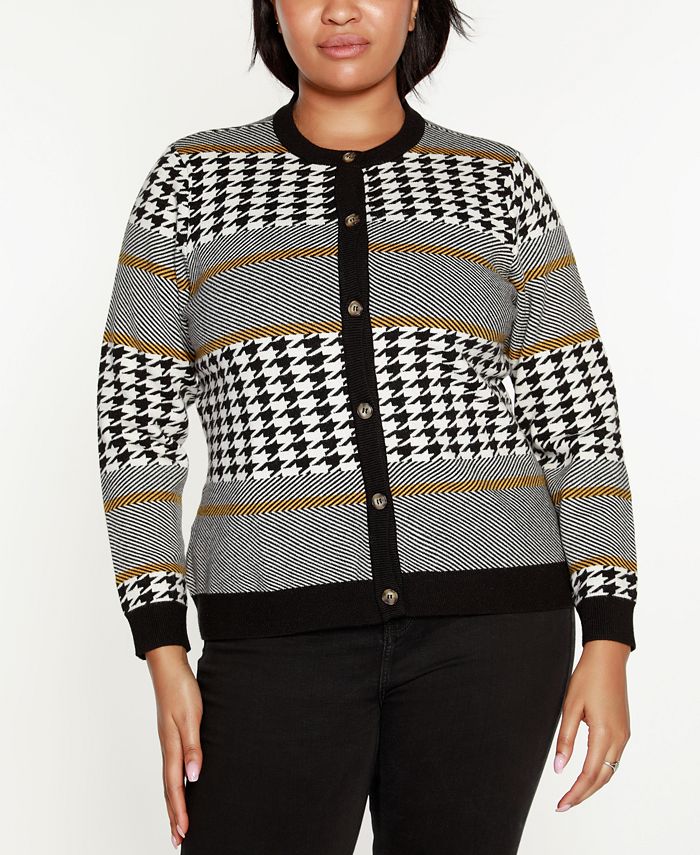 Belldini Plus Size Houndstooth Striped Cardigan Sweater - Macy's