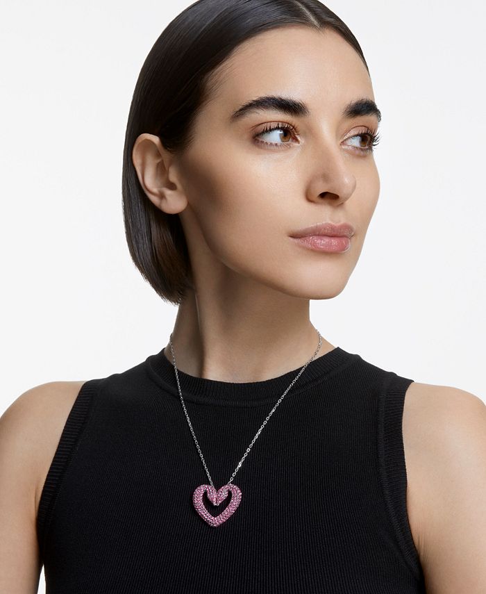 Swarovski Rhodium-Plated Pavé Swan Heart 16-1/2" Pendant Necklace - Macy's