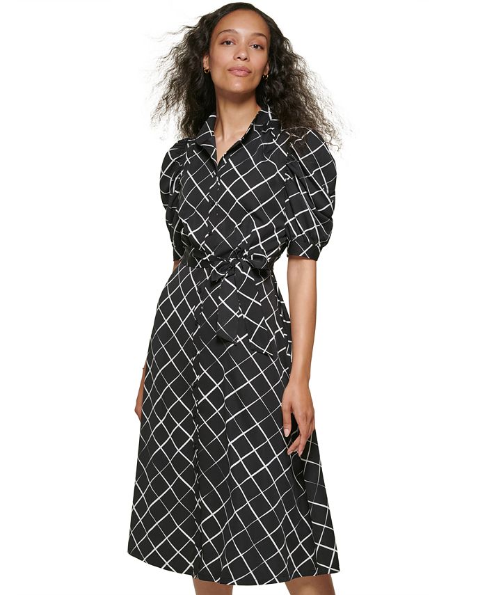 DKNY Printed Button-Down Tie-Waist Puff-Sleeve Dress - Macy's