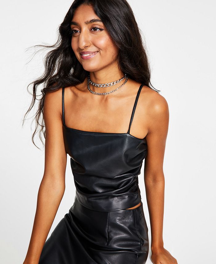 LEYDEN Women's Smocked-Back Faux-Leather Spaghetti-Strap Top & Reviews ...