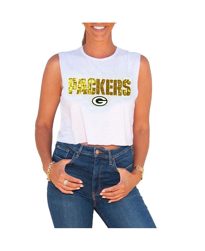 Cuce Women's White Green Bay Packers Sequin Cropped Tank Top - Macy's