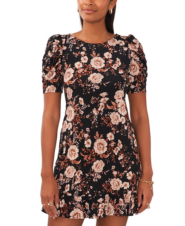 MSK Petite Floral-Print Ruched-Sleeve Dress - Macy's