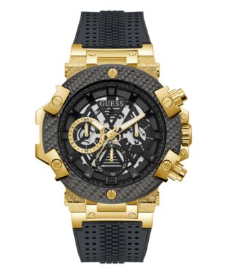 GUESS Men's Gold-Tone Gray Genuine Leather, Silicone Strap, Multi ...