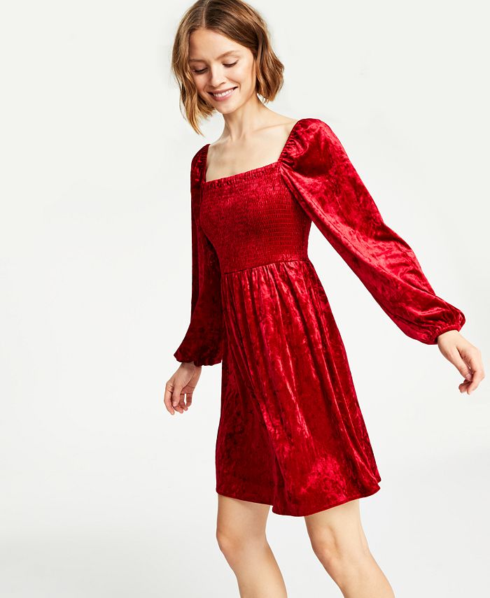 Bar III Women's Velvet Smocked Long-Sleeve Dress Created for Macy's - Macy's