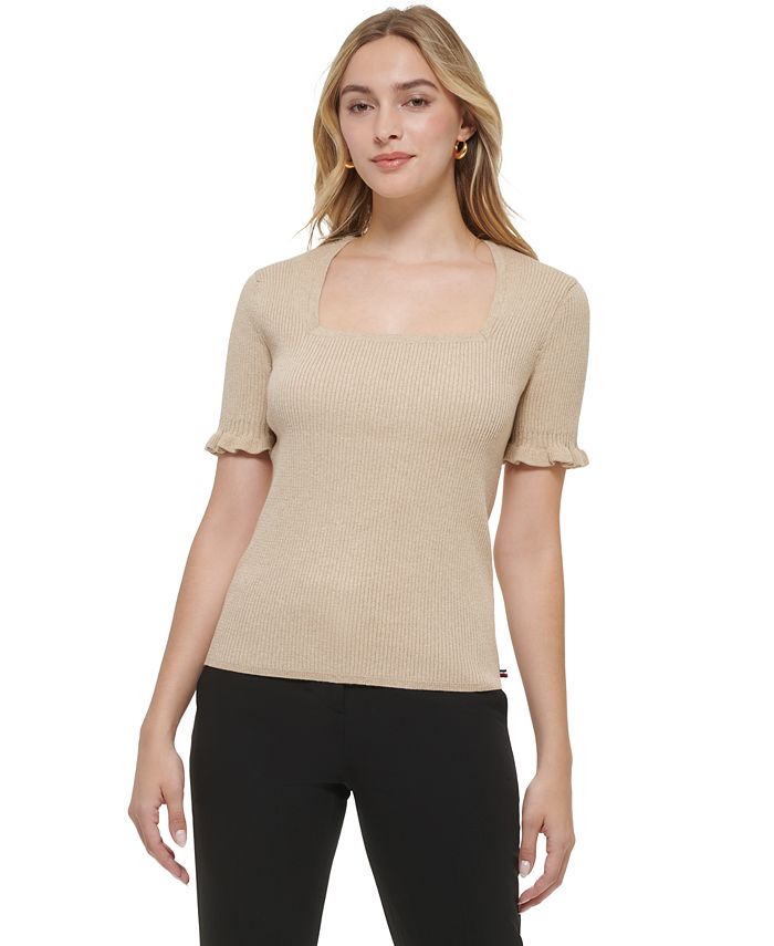 Tommy Hilfiger Women's Cotton Ribbed Ruffled-Cuff Top - Macy's