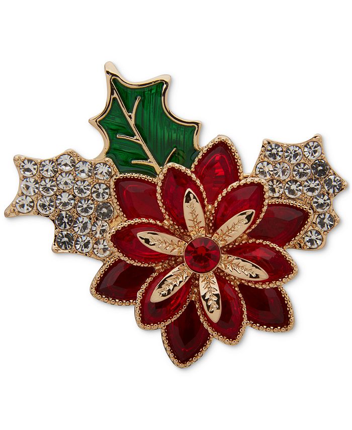 Anne Klein Gold-Tone Red & Green Crystal Holly Flower Pin - Macy's