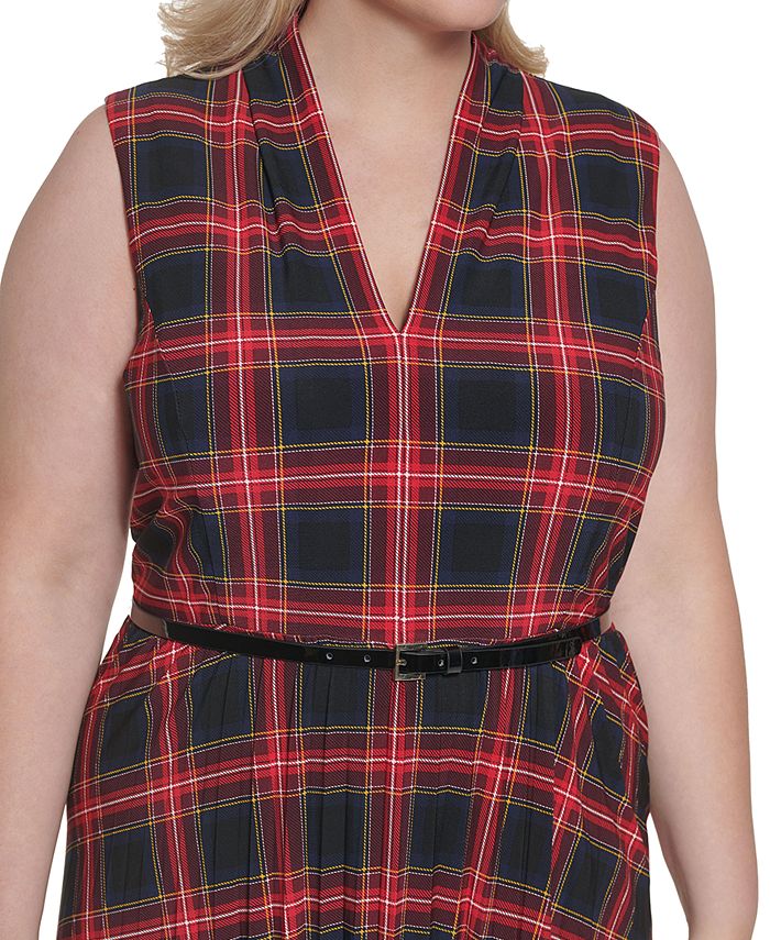 Tommy Hilfiger Plus Size Plaid Pleated Belted Dress - Macy's
