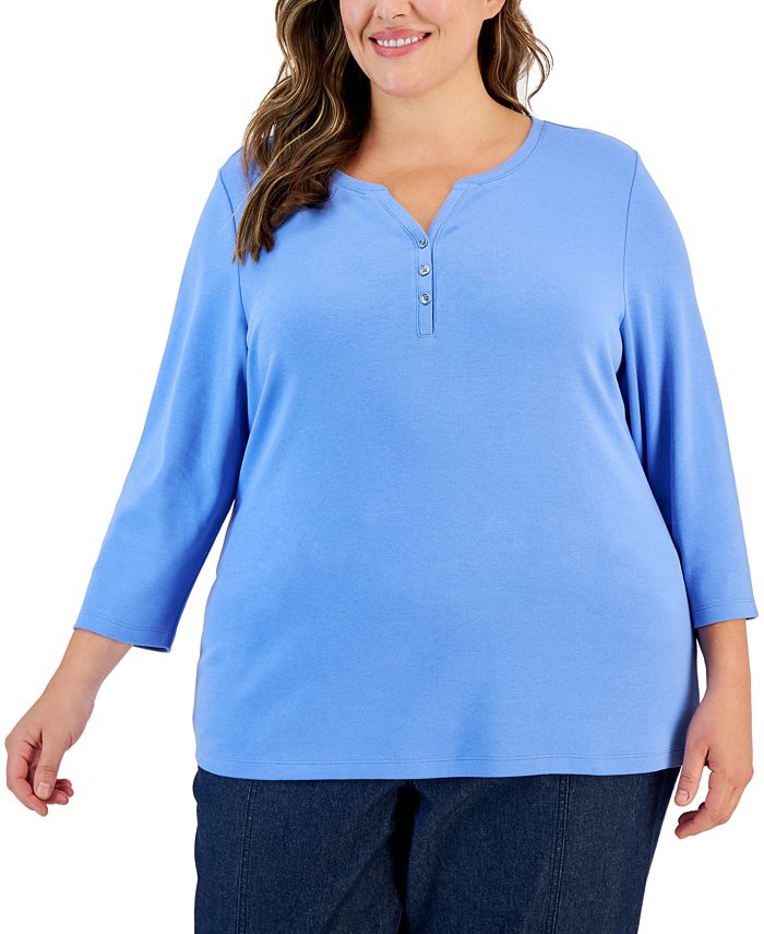 Karen Scott Plus Size 3/4-Sleeve Henley Top, Created for Macy's ...