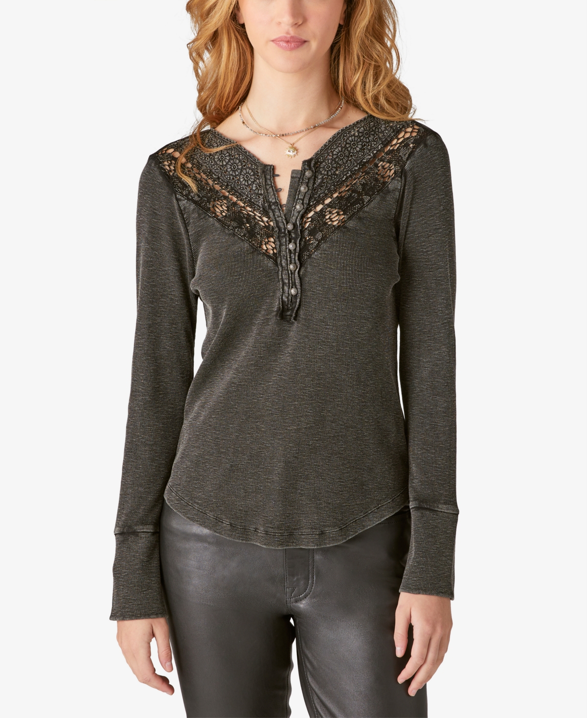 Lucky Brand Lace Mix Trim Henley Top In Asphalt | ModeSens Lucky Brand Lace Mix Trim Henley Top In Asphalt | ModeSens