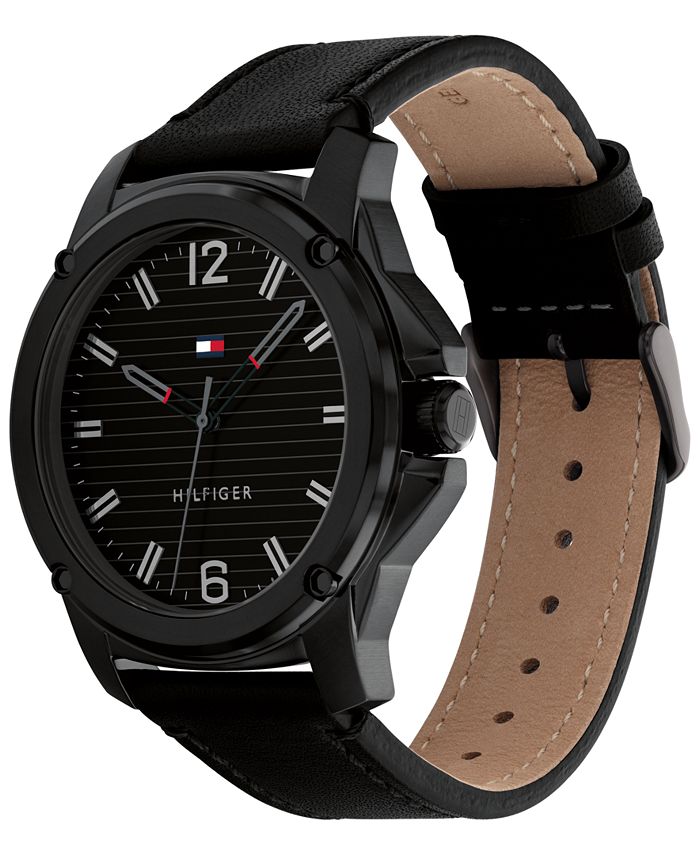 Tommy Hilfiger Men's Black Leather Strap Watch 44mm - Macy's