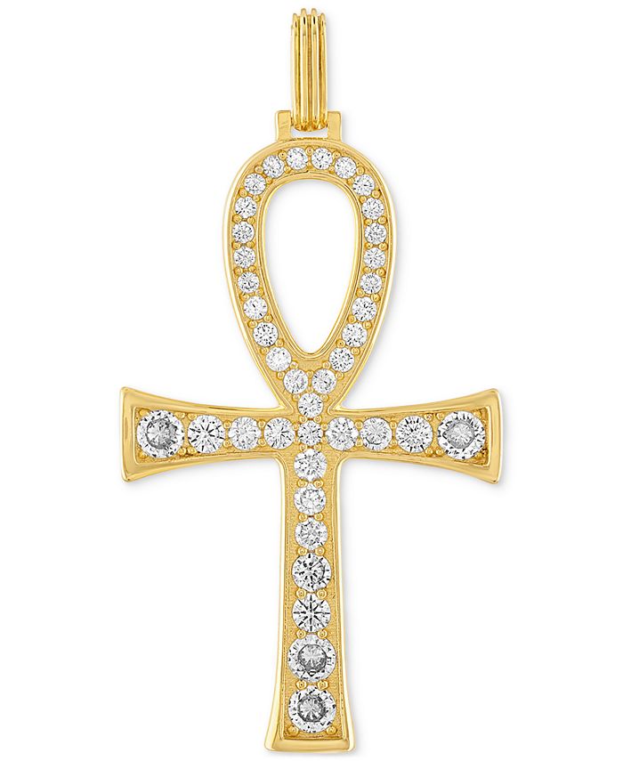 Esquire Men's Jewelry Cubic Zirconia Ankh Pendant in 14k Gold-Plated ...