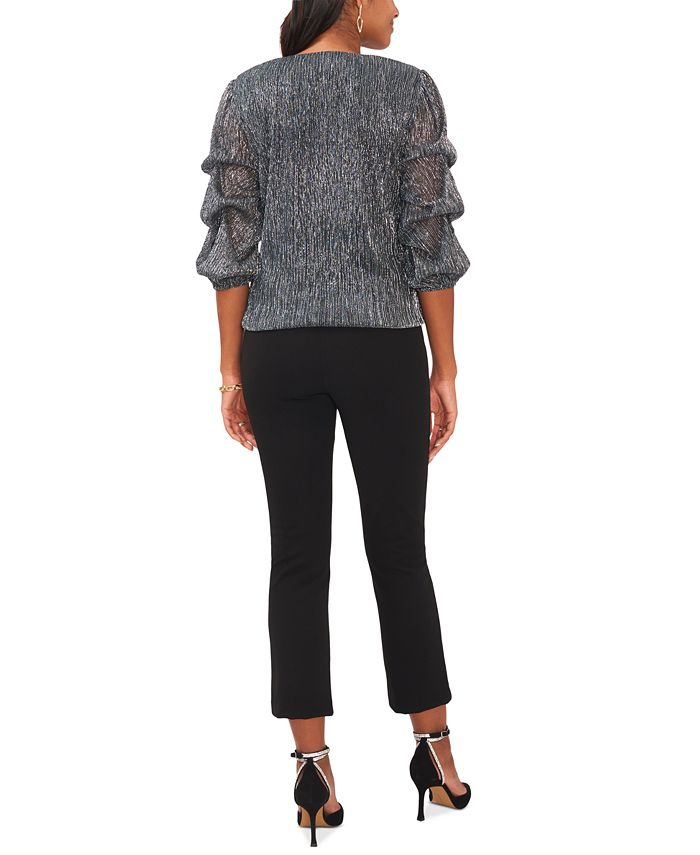 MSK Women's Metallic Mesh Lantern-Sleeve V-Neck Top - Macy's