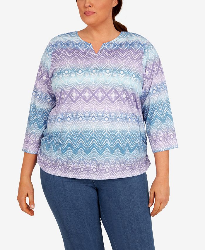 Alfred Dunner Plus Size Victoria Falls Split Neck Shirt Tail Hem 3/4 ...