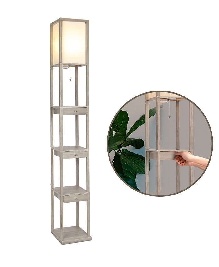 Brightech Maxwell Shelf LED Floor Lamp with Lantern Shade and Drawers ...