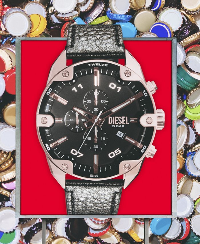 Diesel Men's Spiked Black Leather Strap Watch, 49mm - Macy's