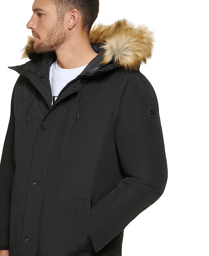 Calvin Klein Men's Long Parka with Faux-Fur Lined Hood - Macy's