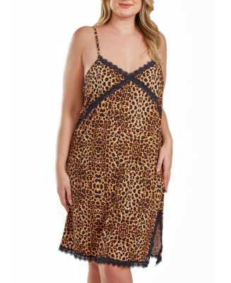 iCollection Chiya Plus Size Leopard Chemise with Lace Trim and Front ...